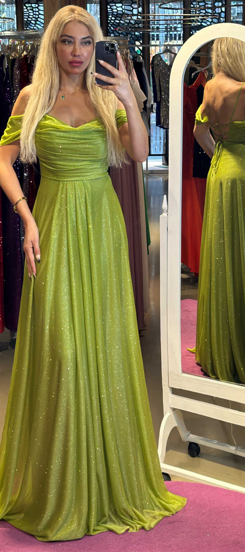 Light Green Spaghetti Strap Low-Cut Back Flared Skirt Glitter Fabric ...