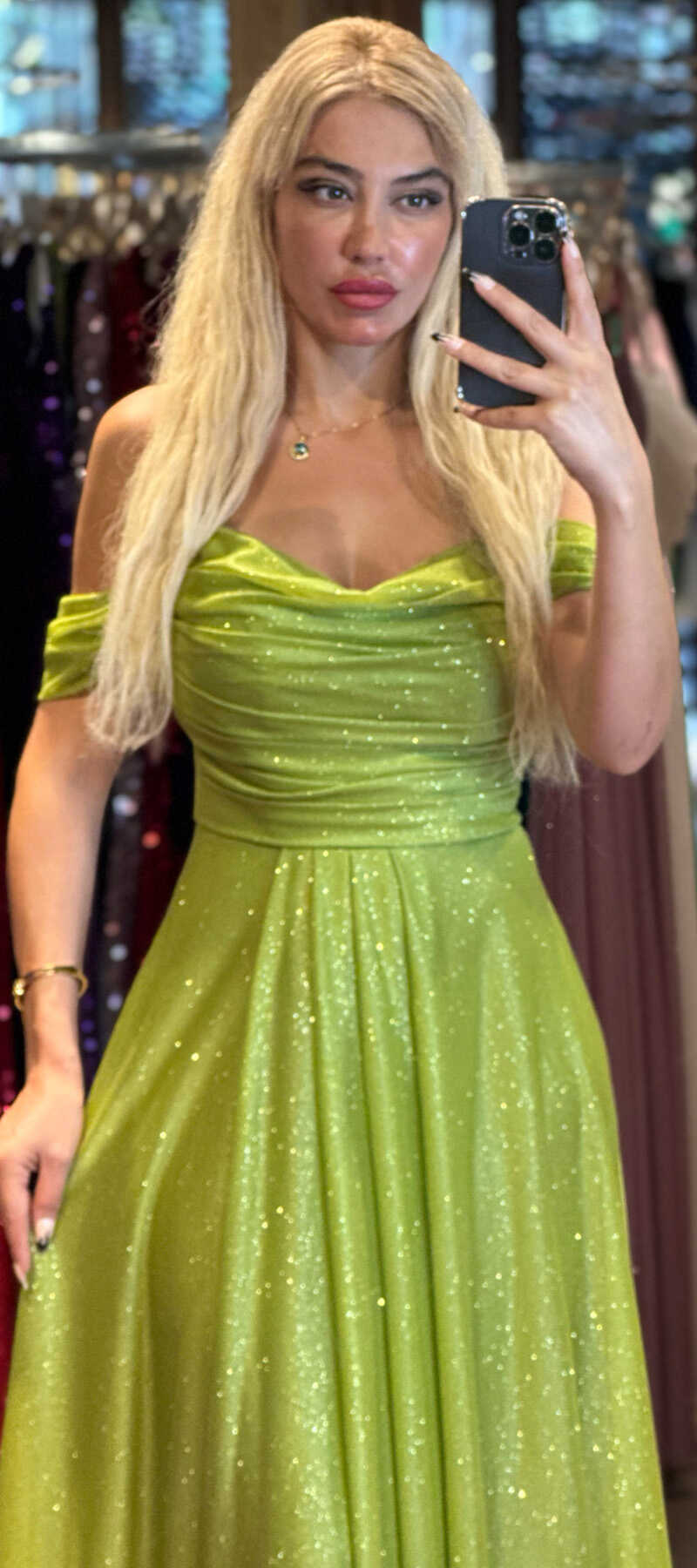 Light Green Spaghetti Strap Low-Cut Back Flared Skirt Glitter Fabric ...