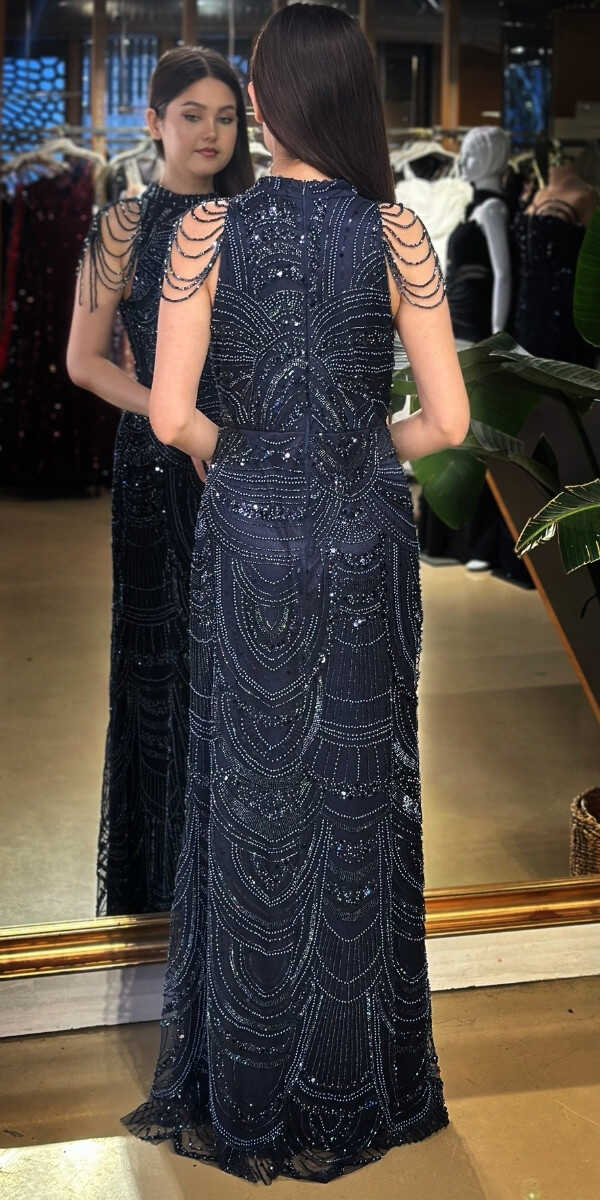 Lacivert Halter Yaka Boncuk İşlemeli Düz Kesim Pullu Boncuklu Uzun ...